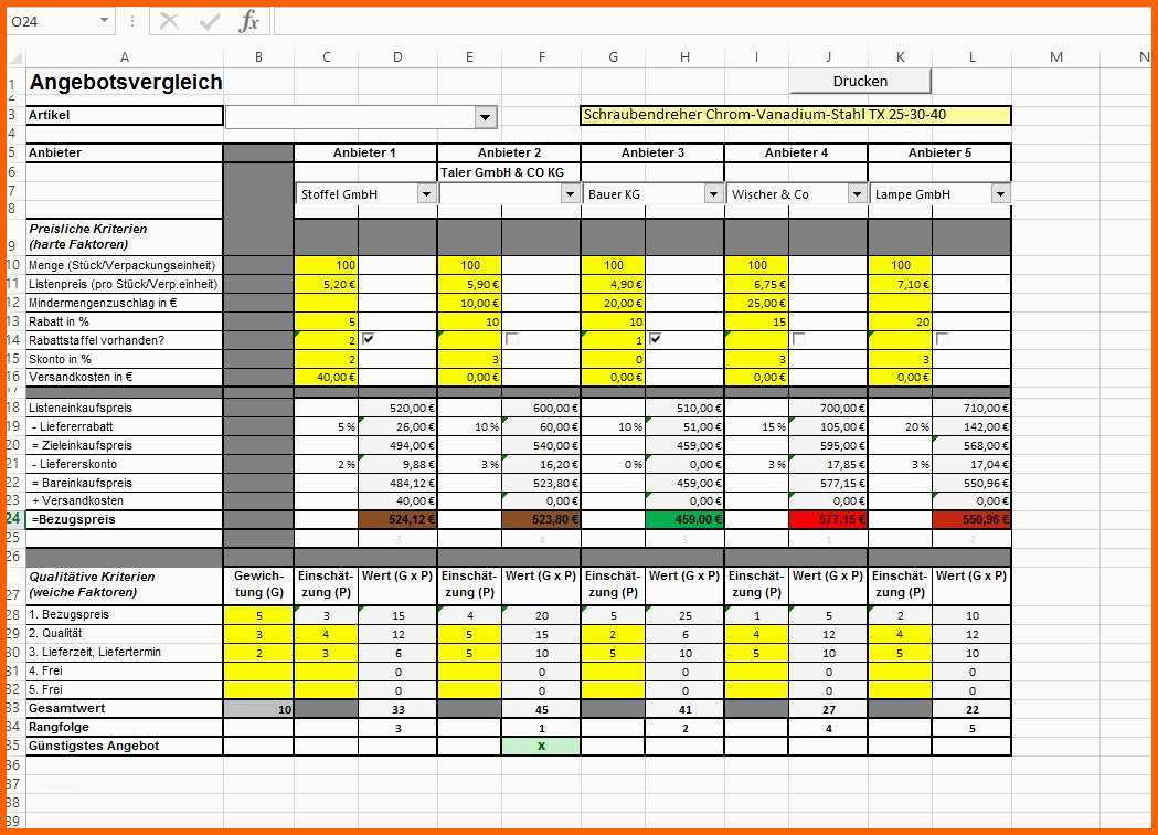 Faszinieren Excel Lieferantenauswahl Angebotsvergleich Quantitativ ...